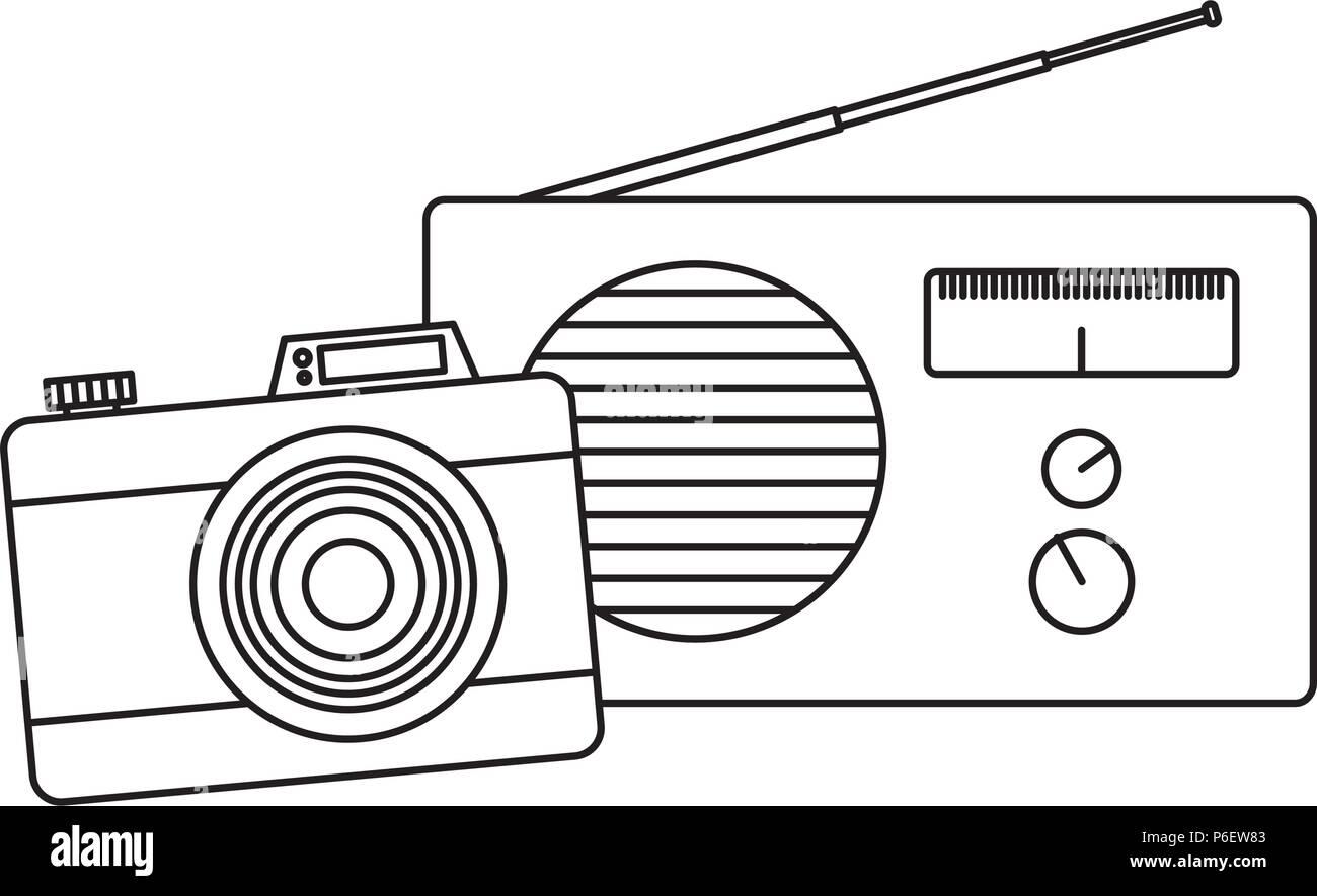 photographic camera and radio over white background, vector ...