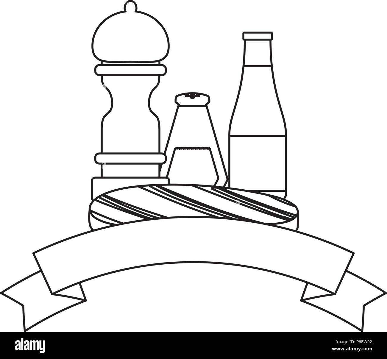 decorative ribbon with steak meat with pepper mill and condiments icon ...