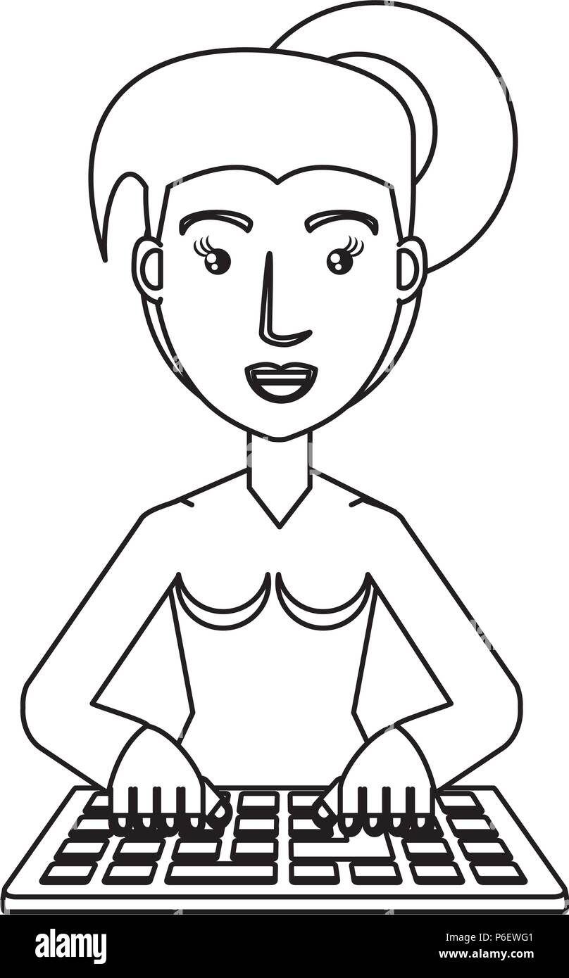 Cartoon woman using a computer keyboard over white background, vector ...