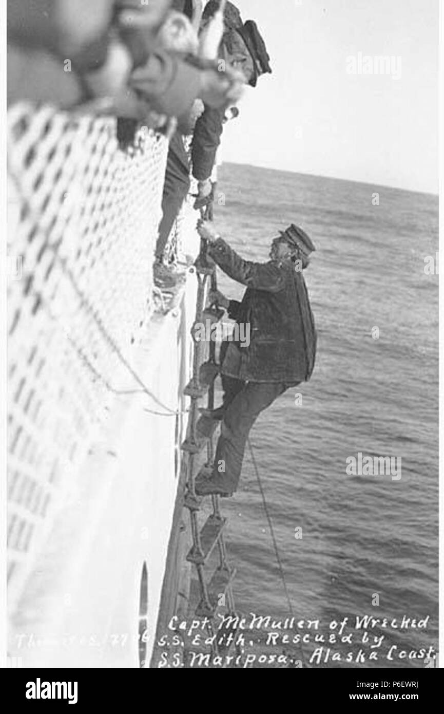 . English: Captain McMullen of the steamer EDITH boarding the MARIPOSA ...