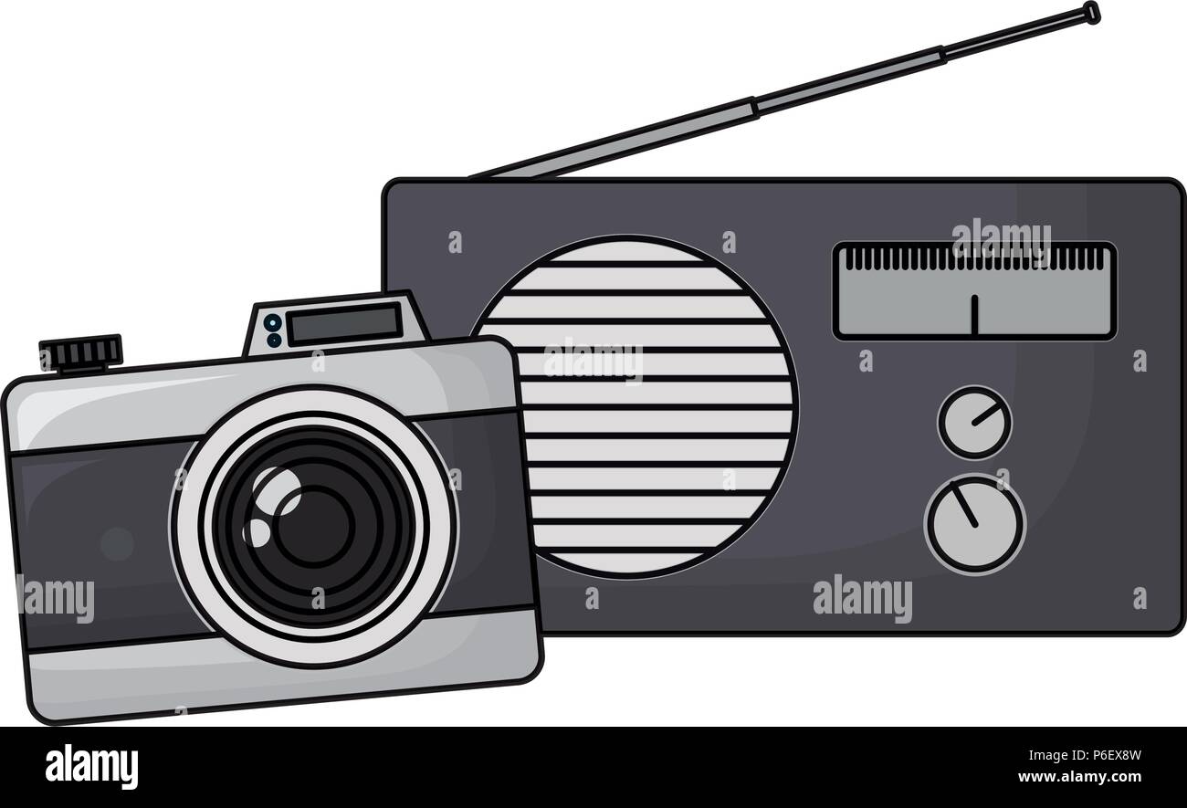 photographic camera and radio over white background, vector ...