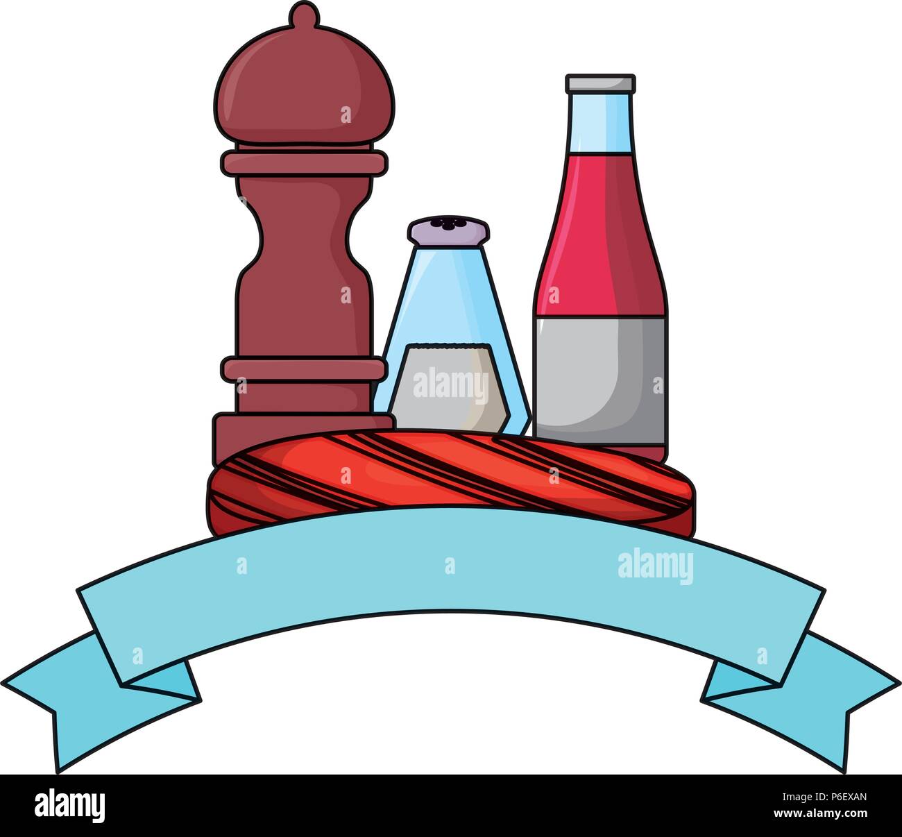 decorative ribbon with steak meat with pepper mill and condiments icon ...