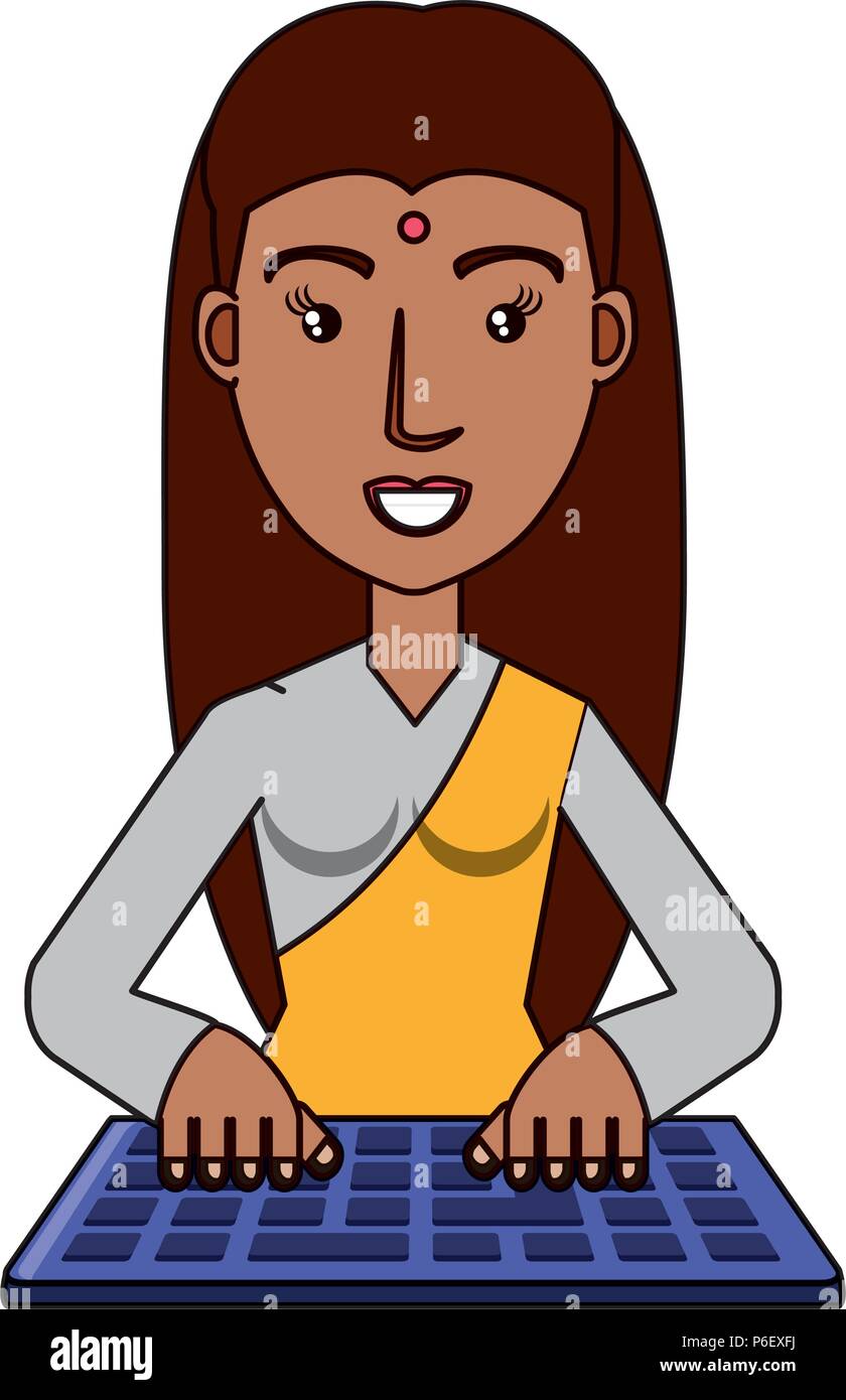 cartoon woman using a computer keyboard over white background, vector ...