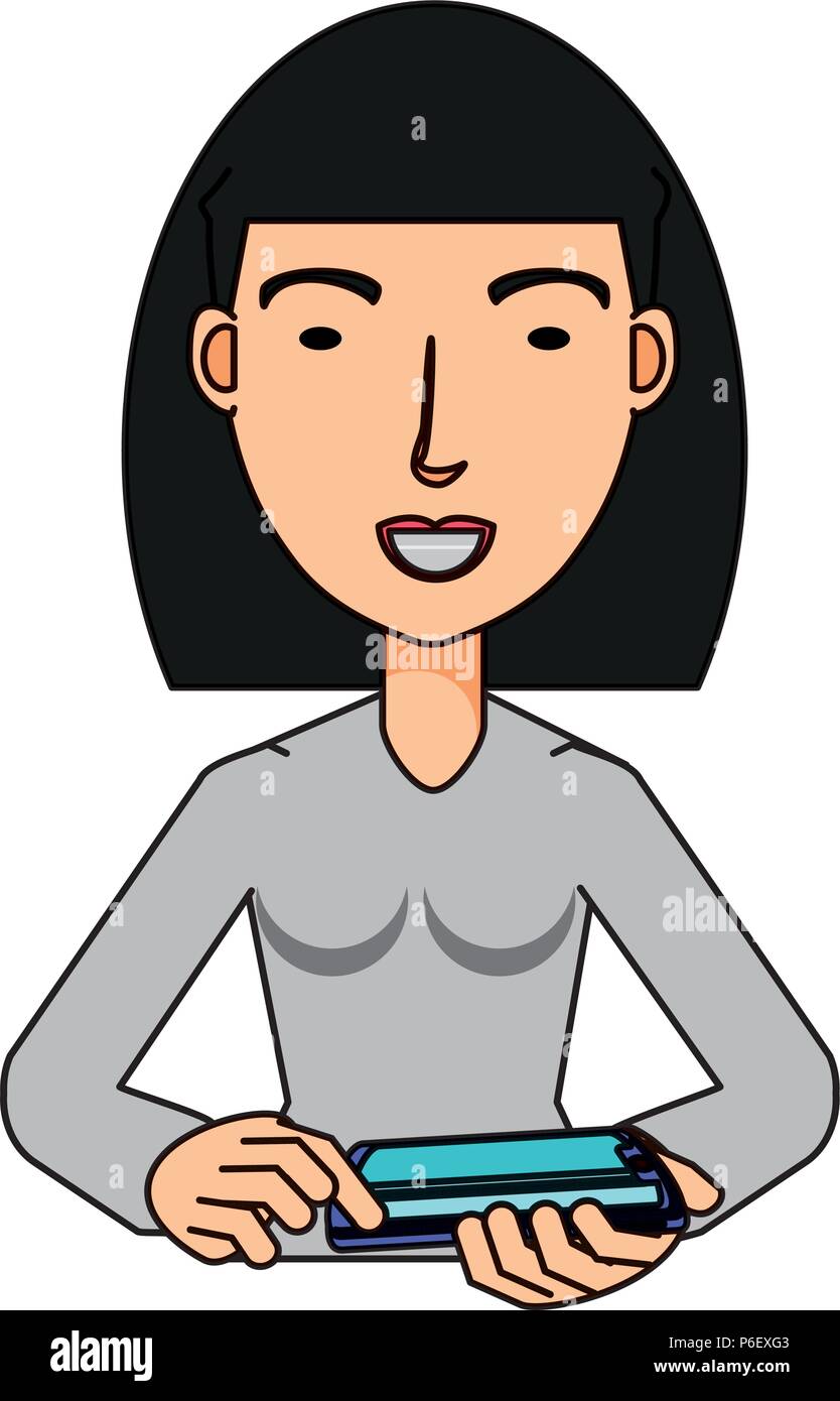 cartoon woman using a cellphone over white background, vector ...