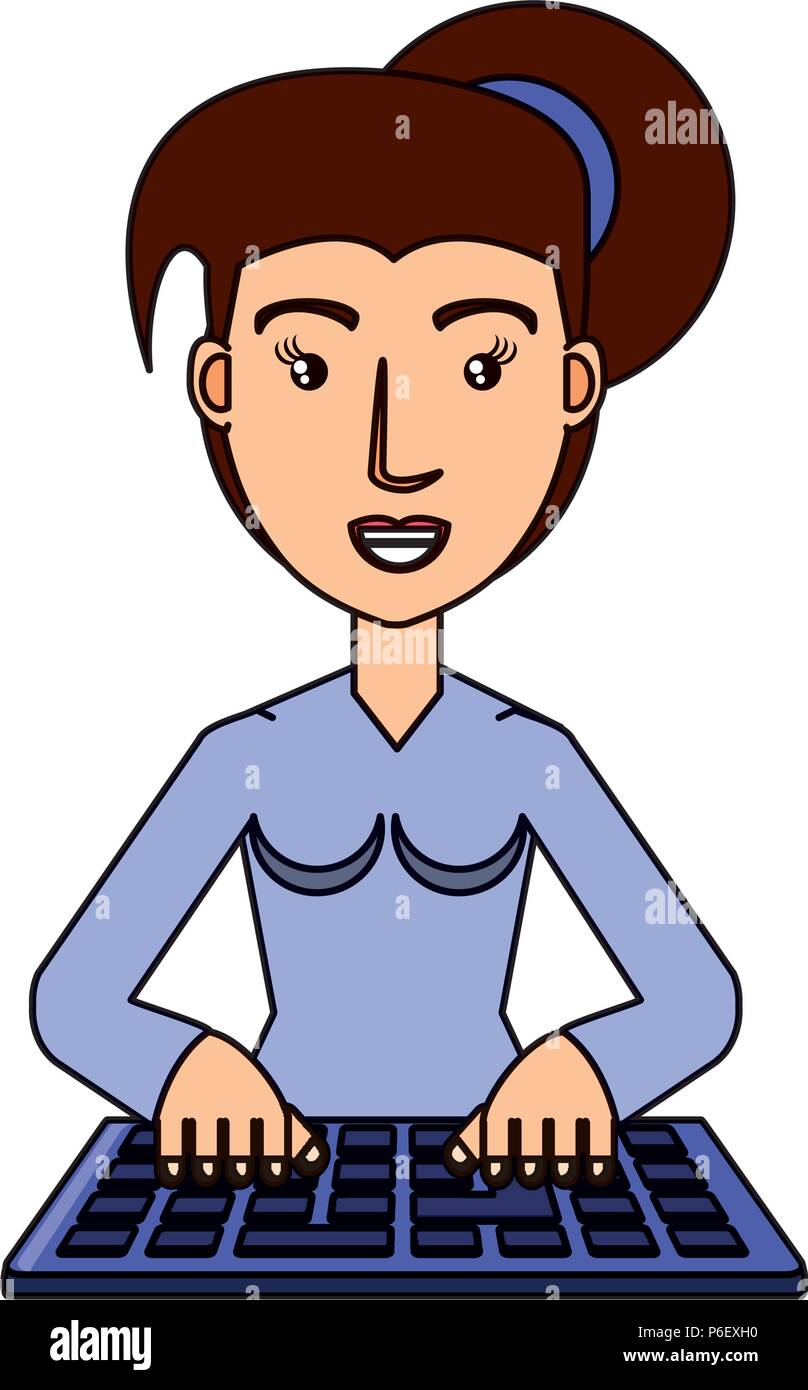 cartoon woman using a computer keyboard over white background, vector ...