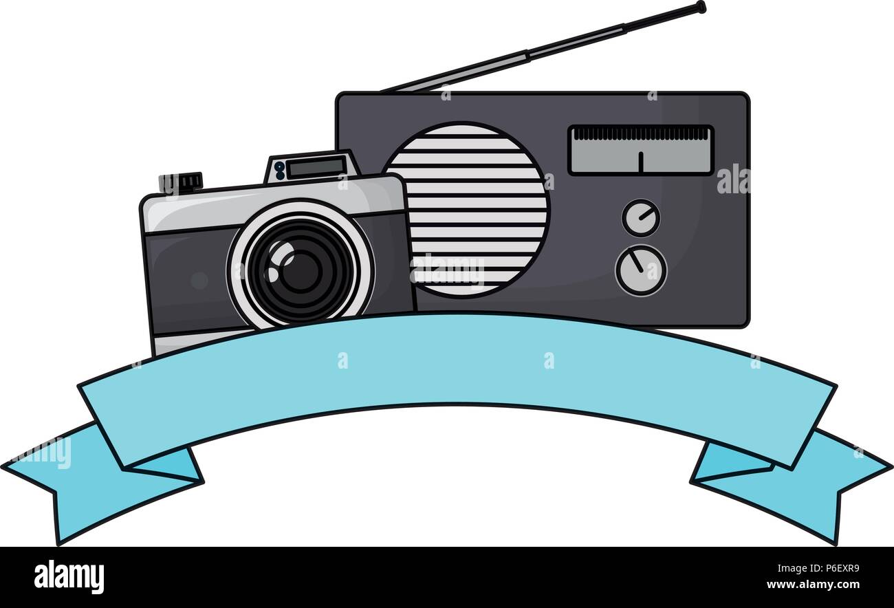 decorative ribbon with photographic camera and radio over white ...