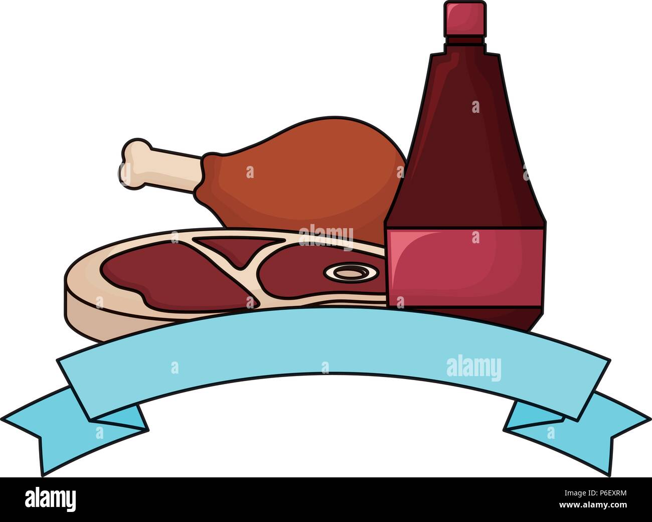 decorative ribbon with meat steak and chicken thigh and sauce bottle ...