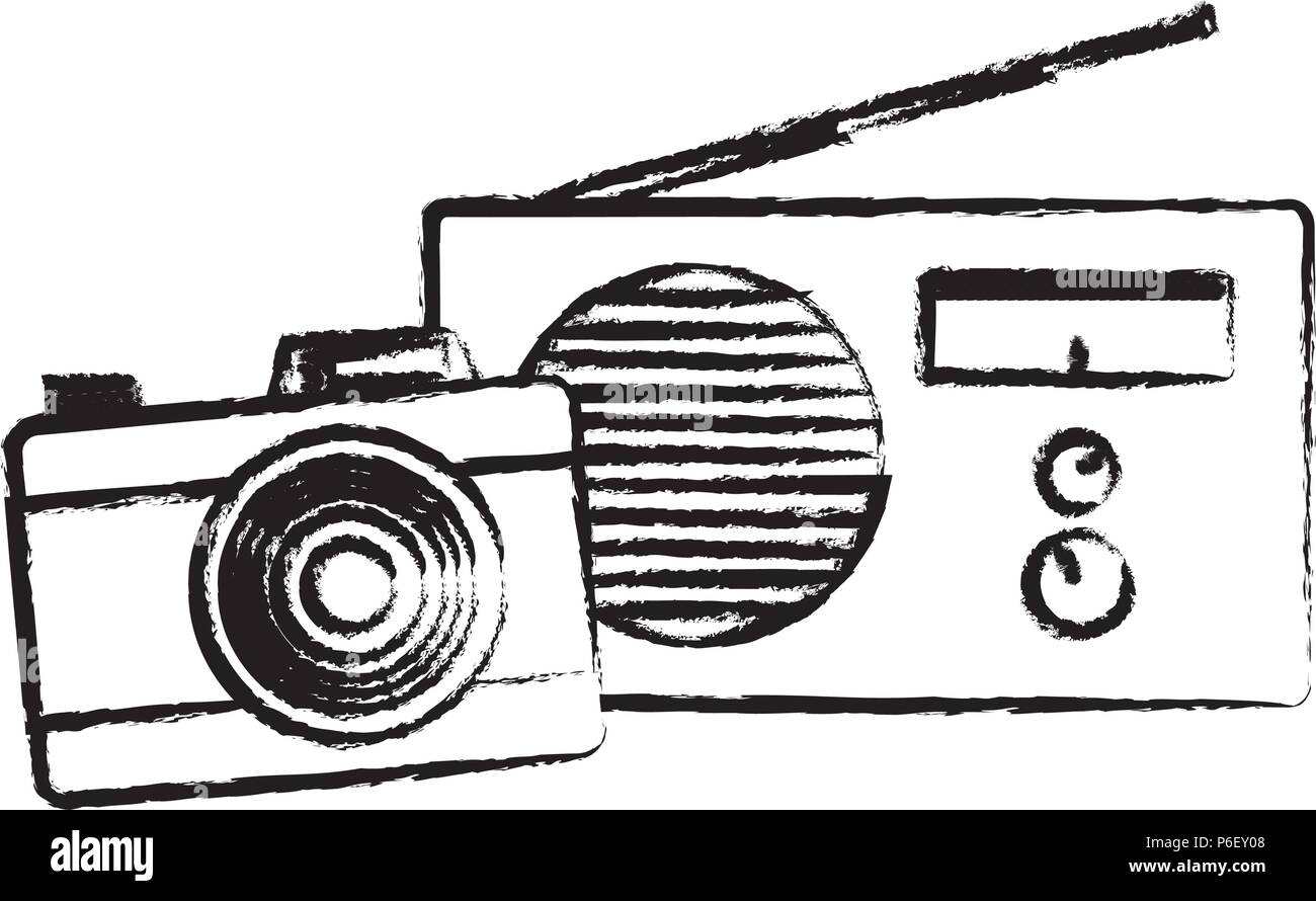 photographic camera and radio over white background, vector ...