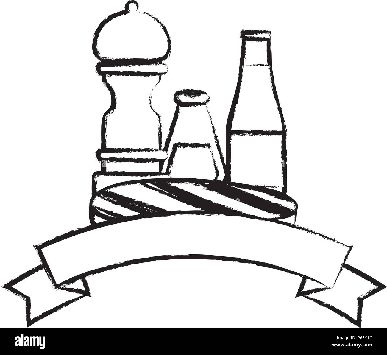 decorative ribbon with steak meat with pepper mill and condiments icon ...