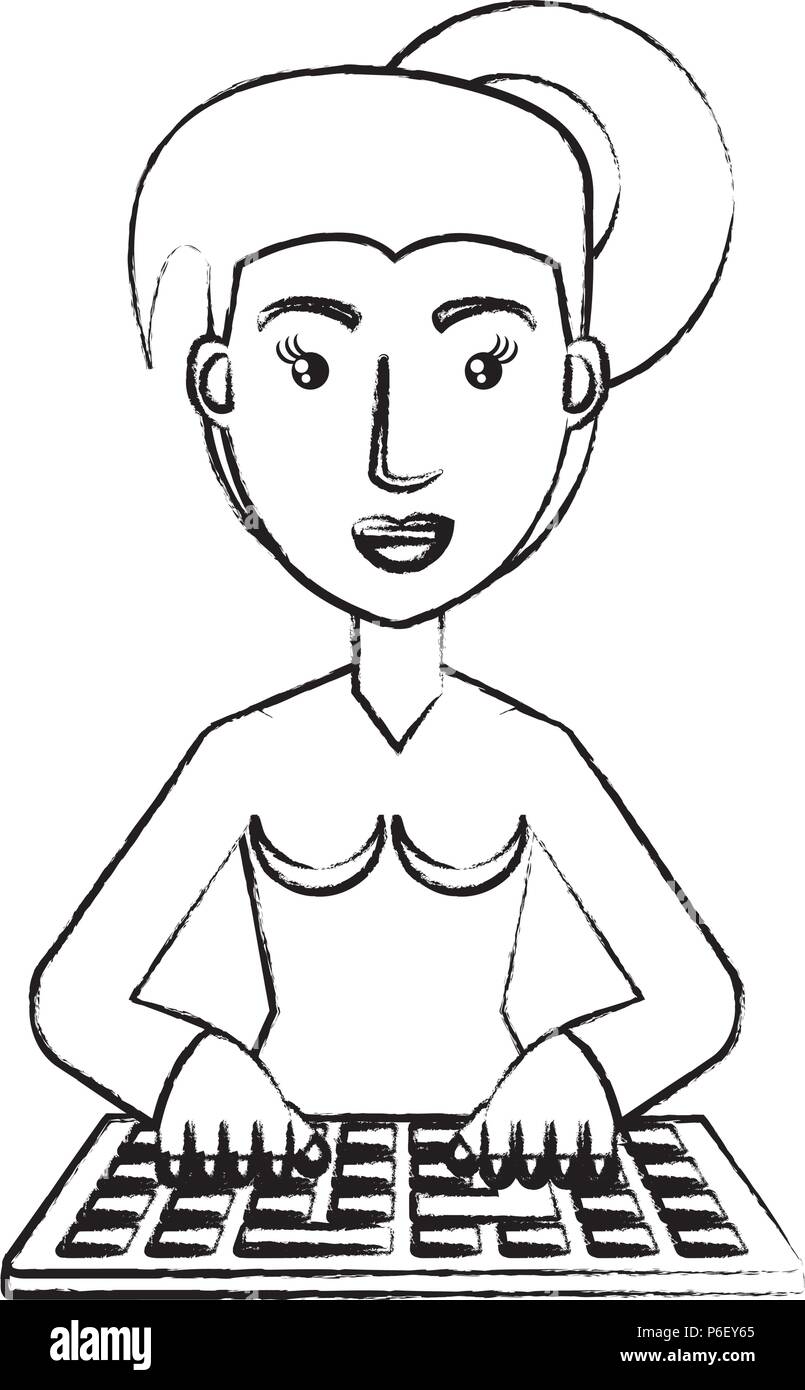 Cartoon woman using a computer keyboard over white background, vector ...