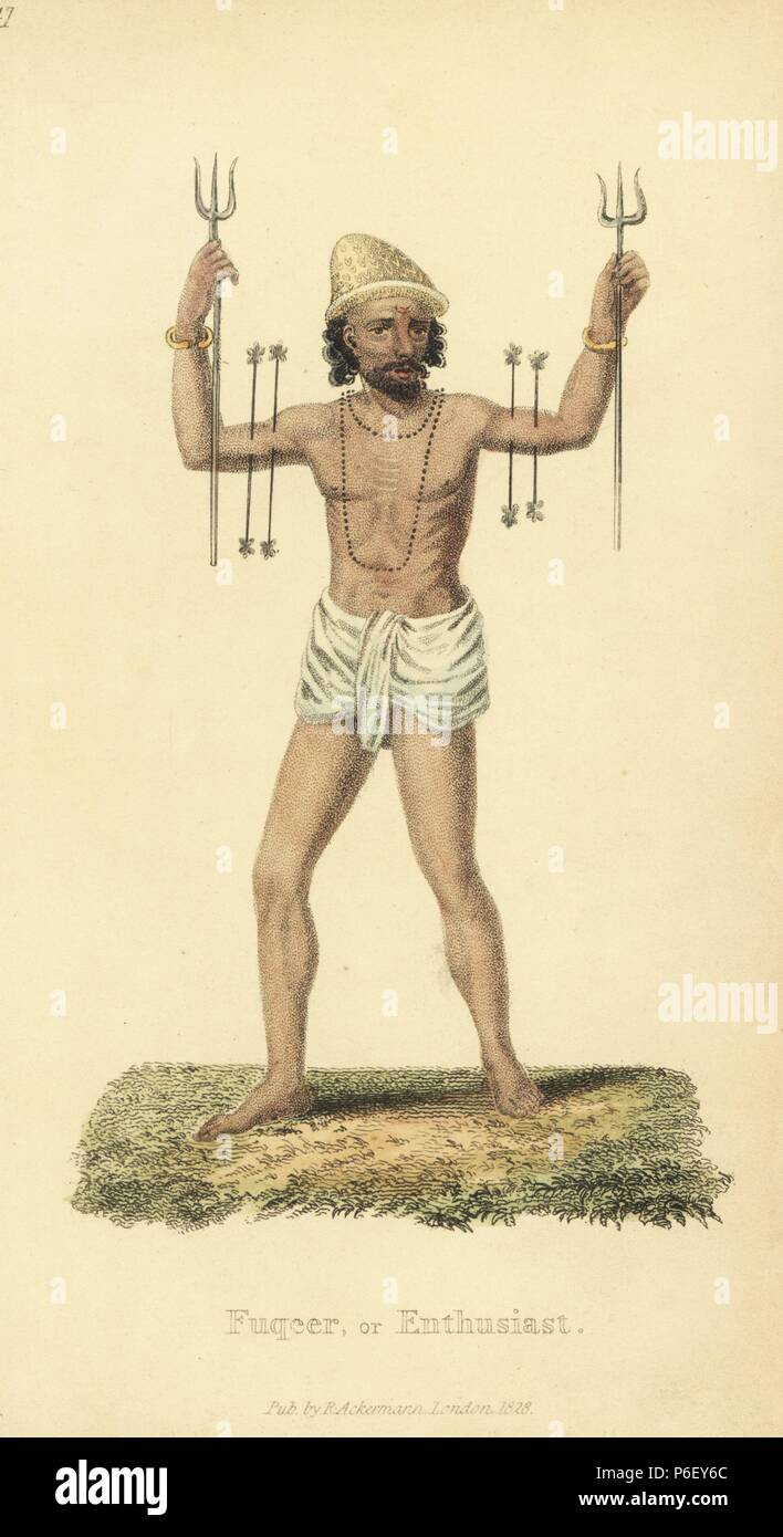 Fakir or fukeer, enthusiast, in muslin loincloth, pricking his skin ...