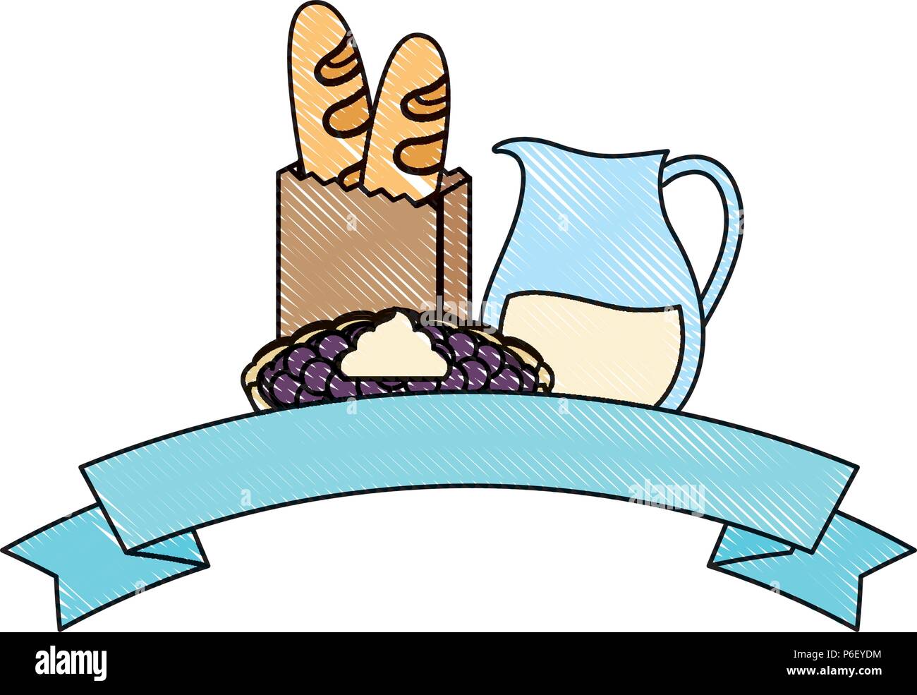 decorative ribbon with sweet pie and bread with breads icon over white ...