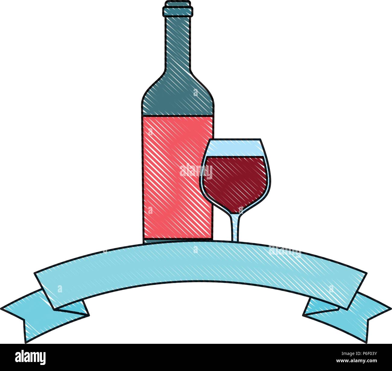 decorative ribbon with wine bottle and glass icon over white background ...