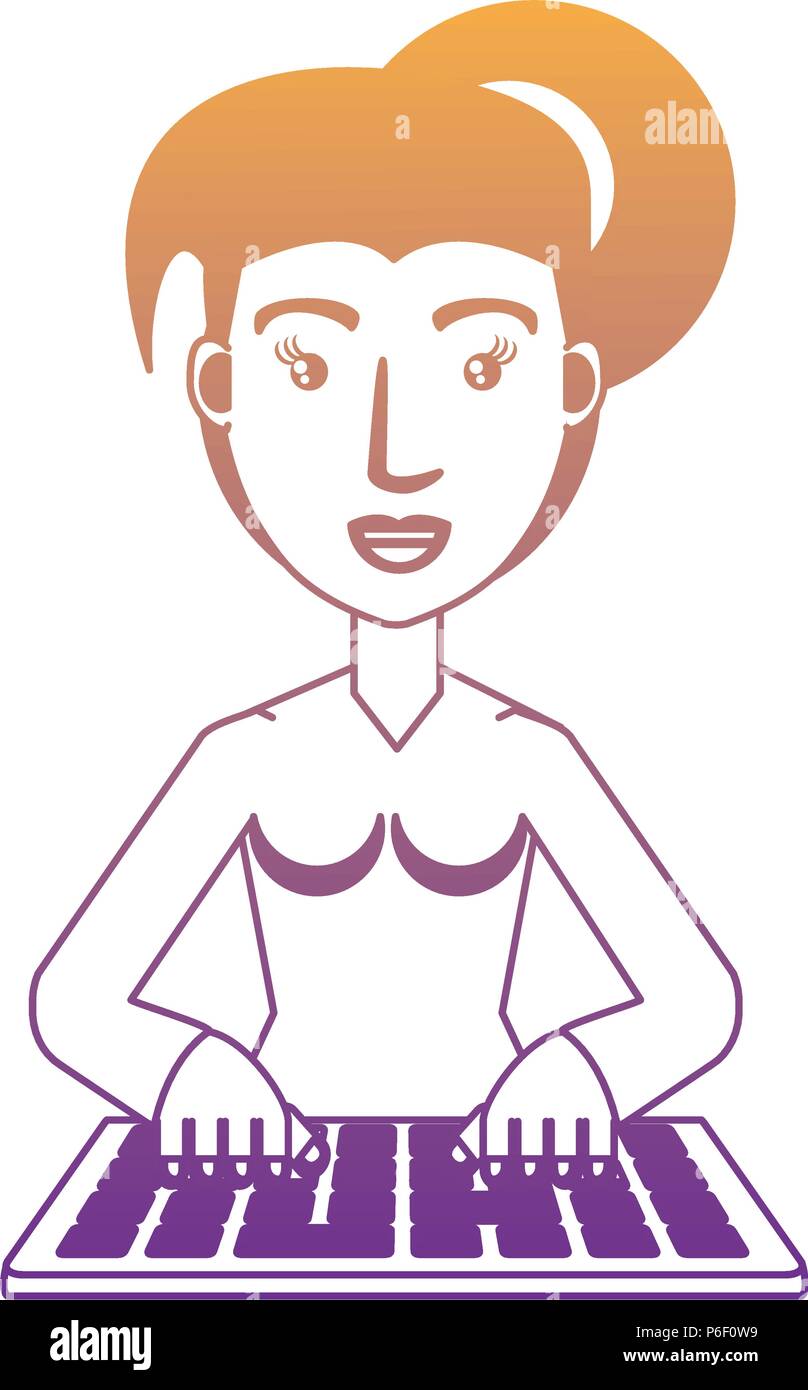 Cartoon woman using a computer keyboard over white background, vector ...