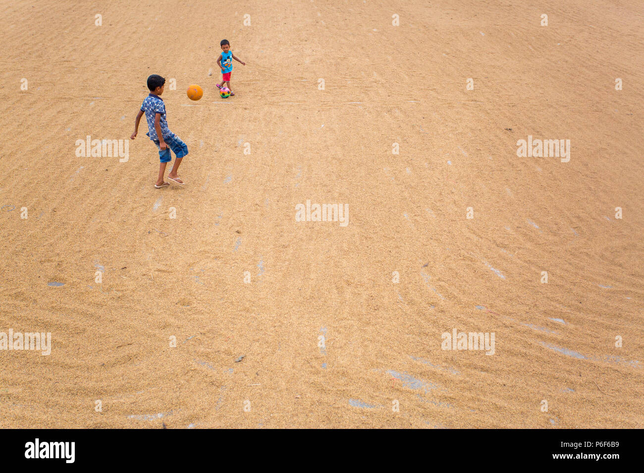 Some of the children are playing football on dry paddy in the sun at ...