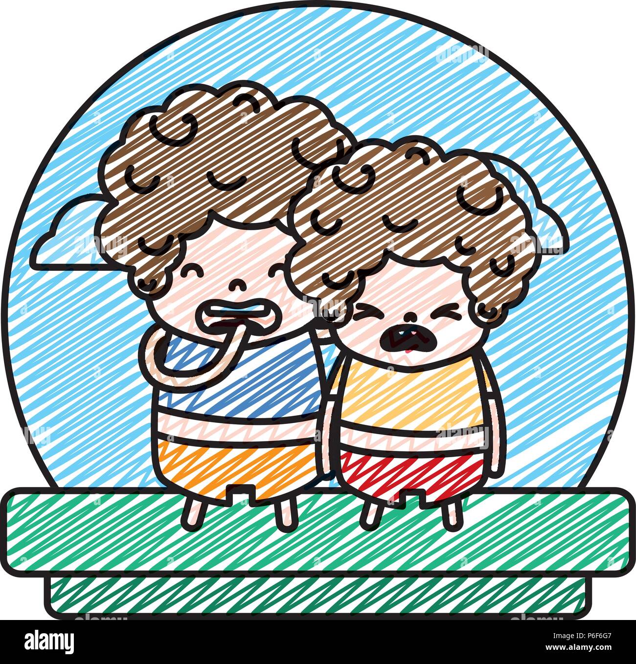 doodle boy bother with hairstyle and clothes in the landscape Stock ...