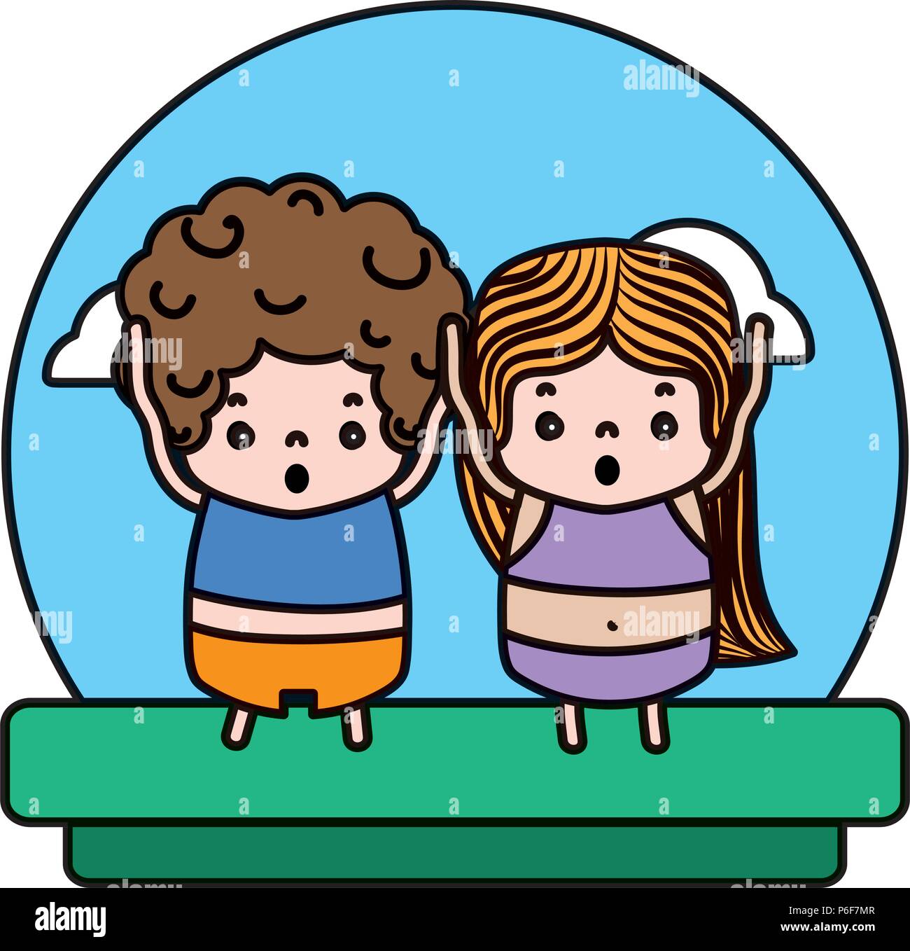 color scared girl and boy friends in the landscape vector illustration ...