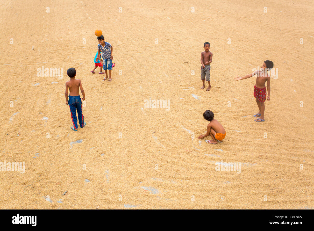 Some of the children are playing football on dry paddy in the sun at ...