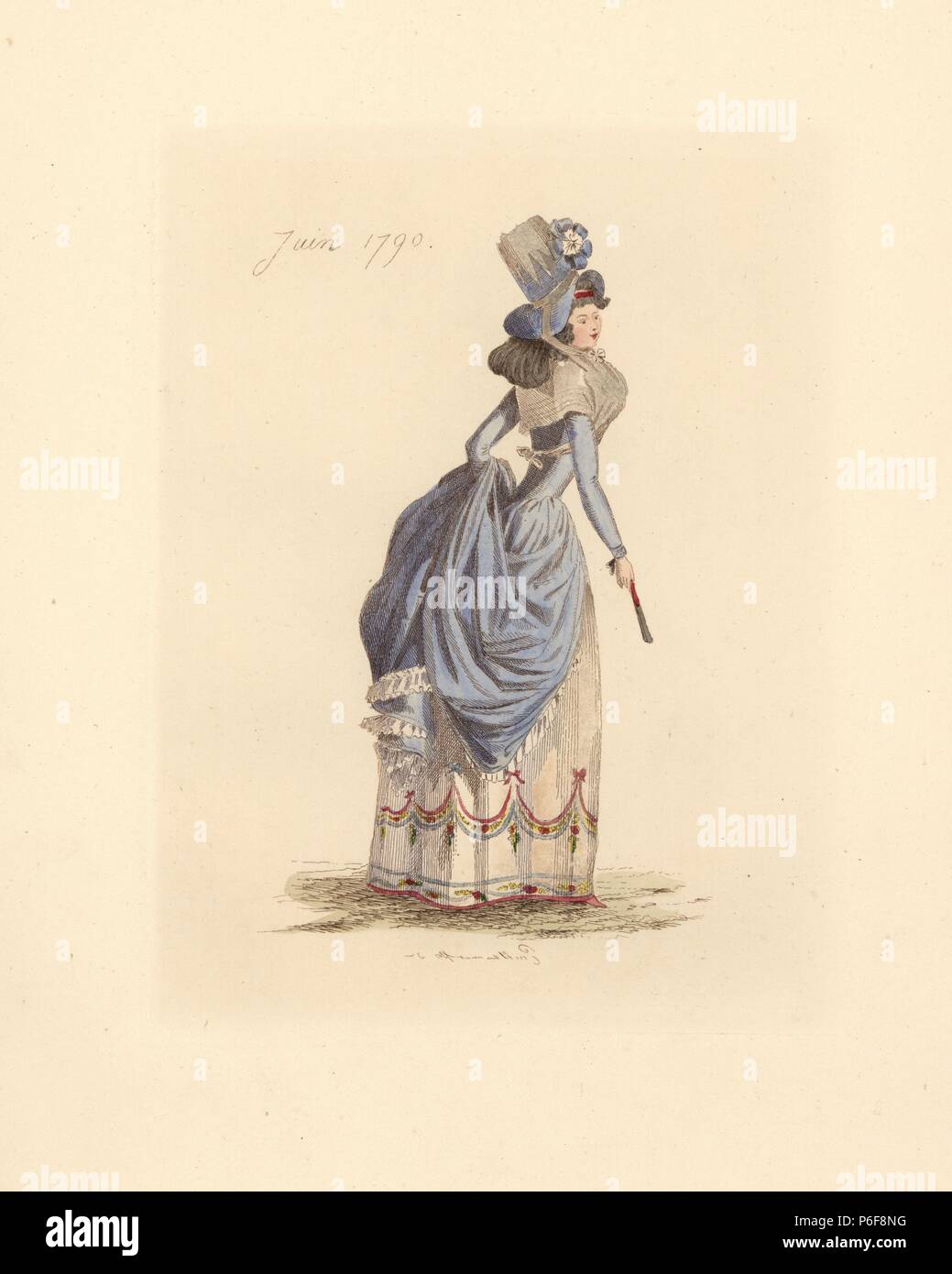 French woman wearing the fashion of June 1790. She wears a royalist top ...