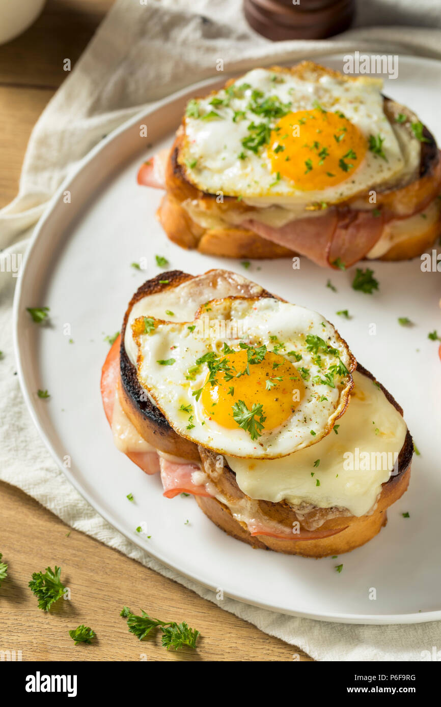 Homemade French Croque Madame Sandwich with Ham and Cheese Stock Photo ...