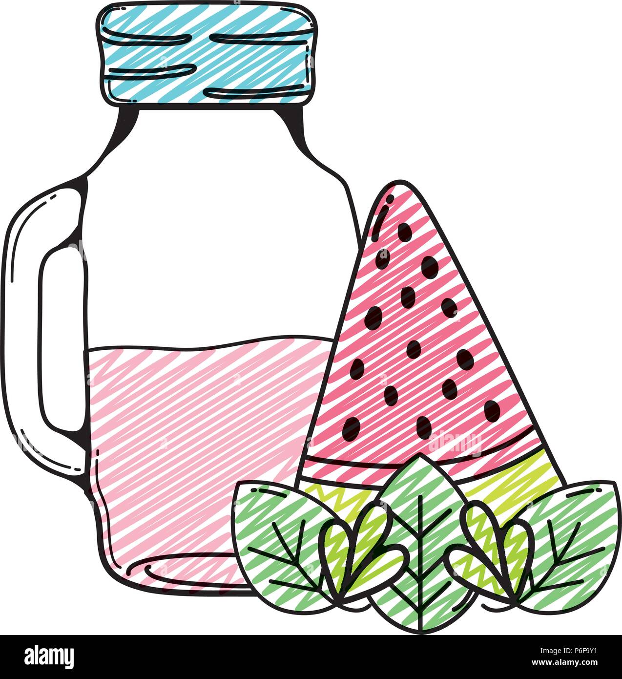 doodle nature watermelon juice in the jar and leaves vector ...