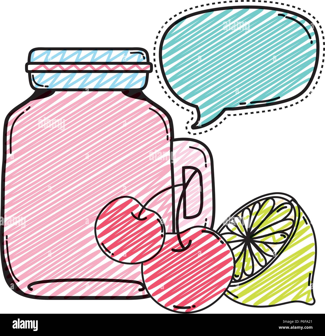 doodle delicious fruits with jar and chat bubble vector illustration ...