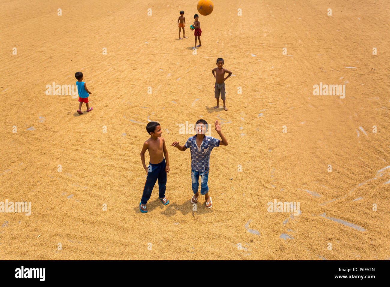 Some of the children are playing football on dry paddy in the sun at ...