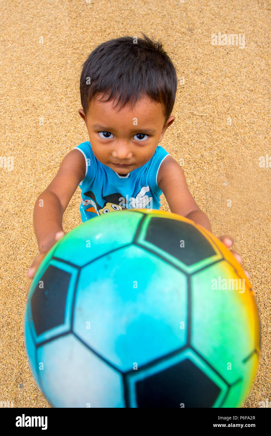 Some of the children are playing football on dry paddy in the sun at ...