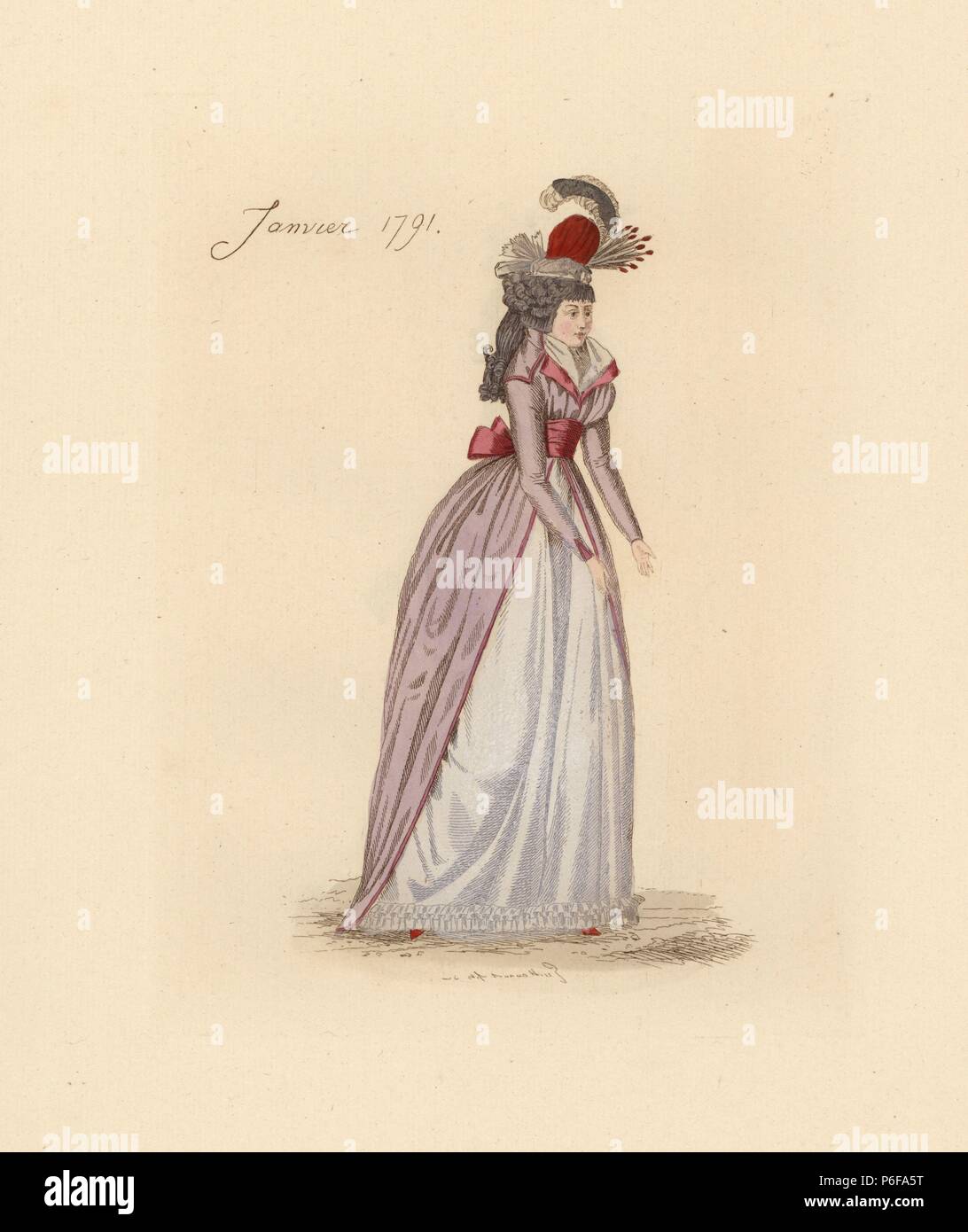 French woman wearing the fashion of January 1791. She wears a bonnet ...