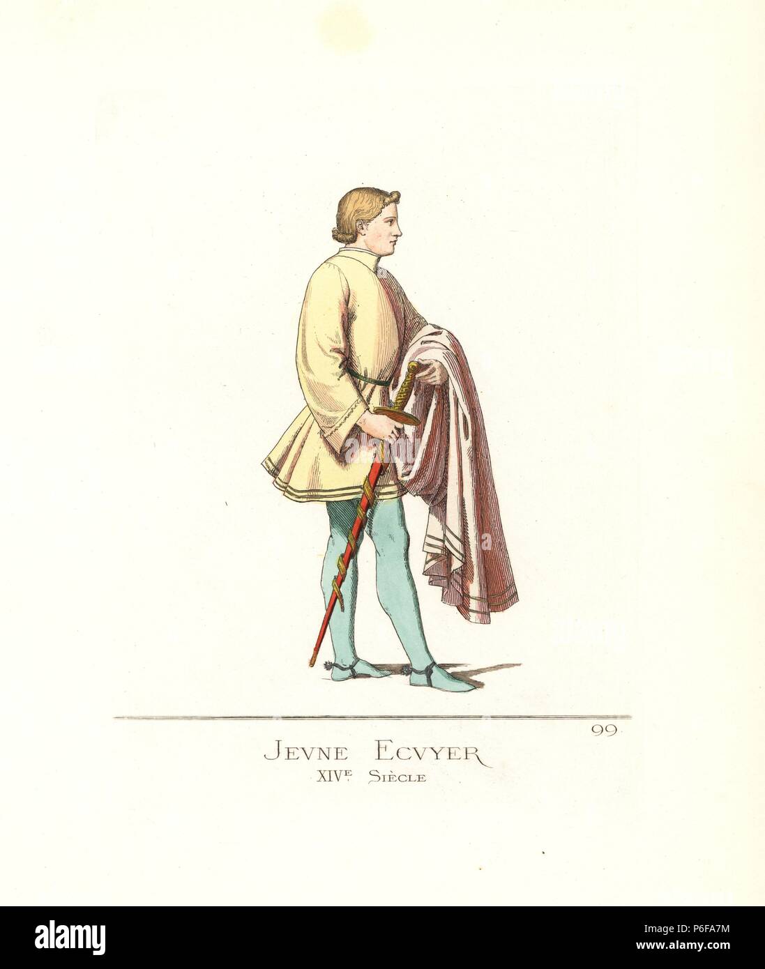 Costume of a young squire, 14th century. He wears a yellow tabard ...