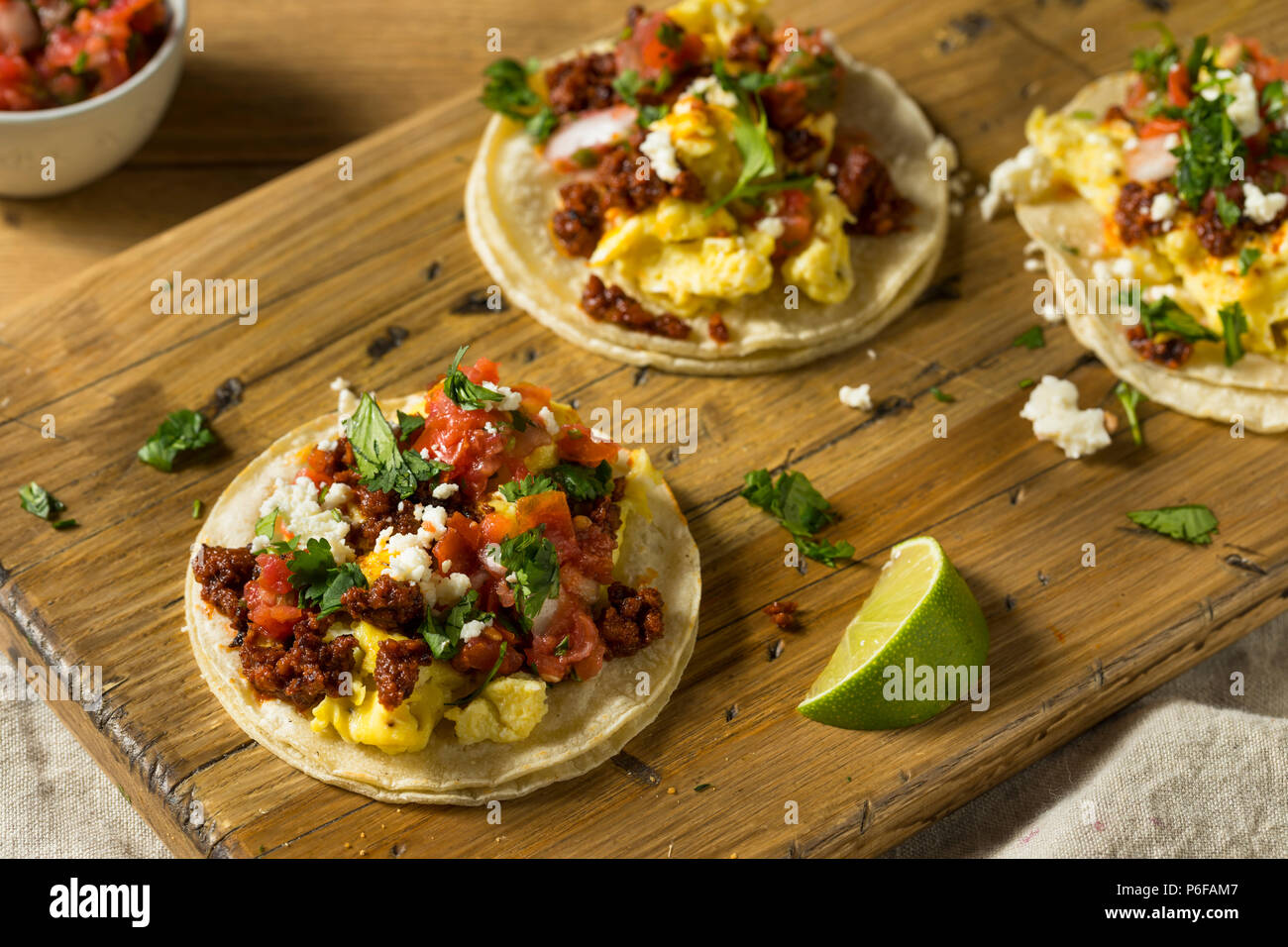 Homemade Chorizo Breakfast Tacos with PIco and Cilantro Stock Photo - Alamy