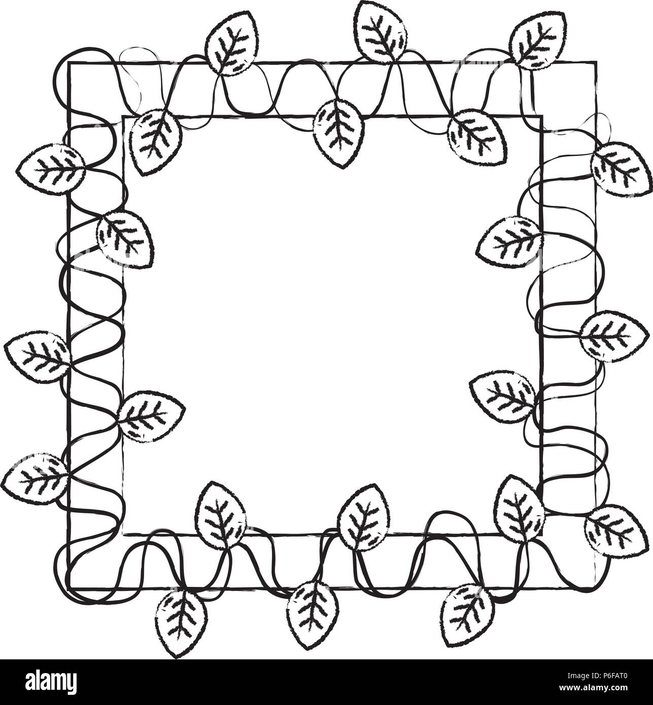 grunge square wood border with nature branch leaves vector illustration ...