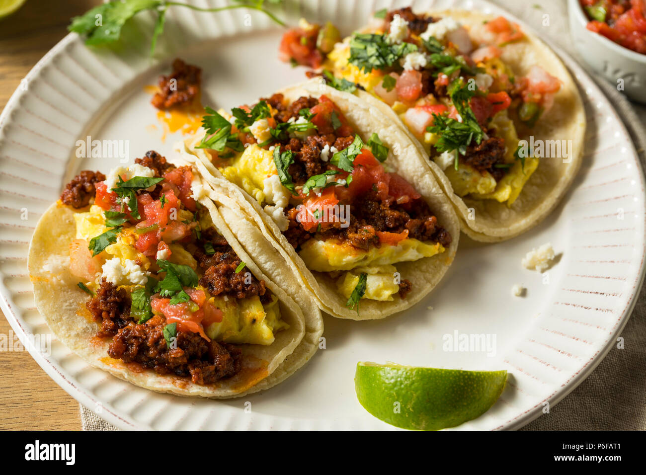Homemade Chorizo Breakfast Tacos with PIco and Cilantro Stock Photo - Alamy