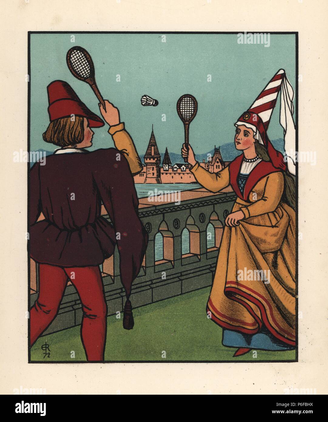 Medieval man and woman playing a game of battledore and shuttlecock on ...