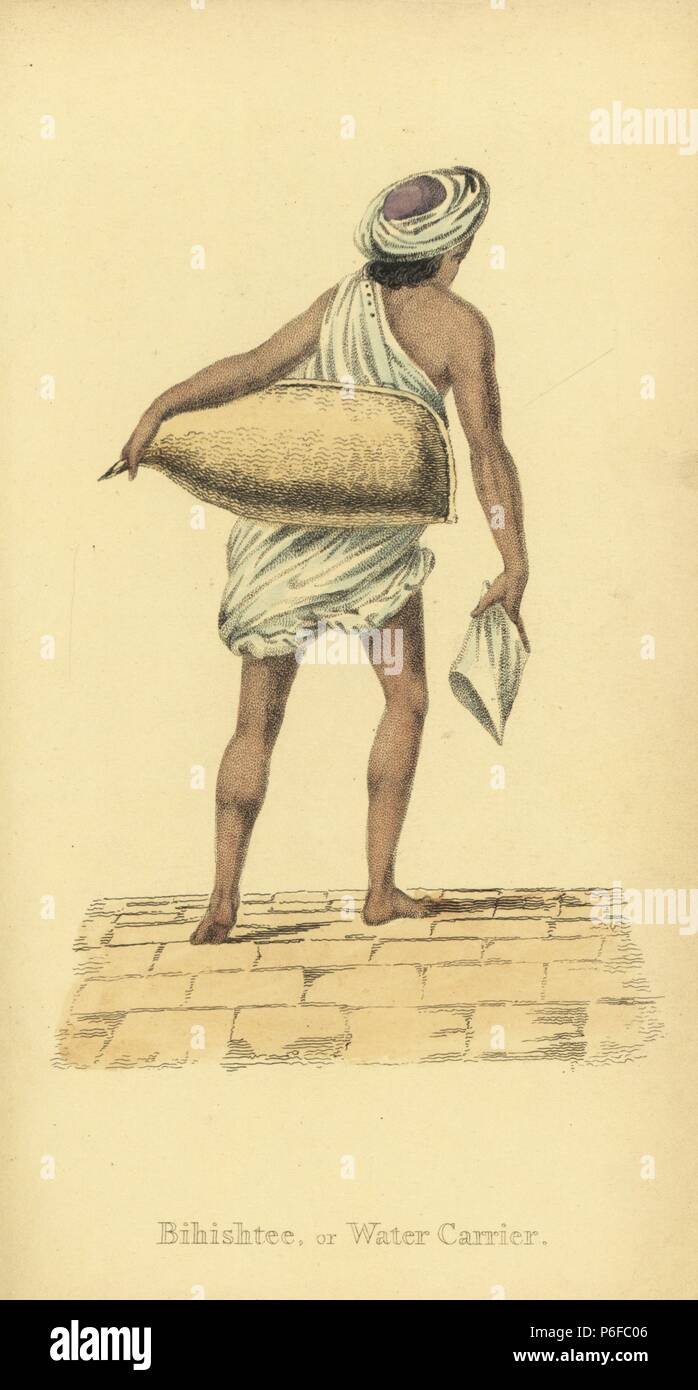 Bihishtee or water carrier, with mushk of panee (goatskin water bag ...