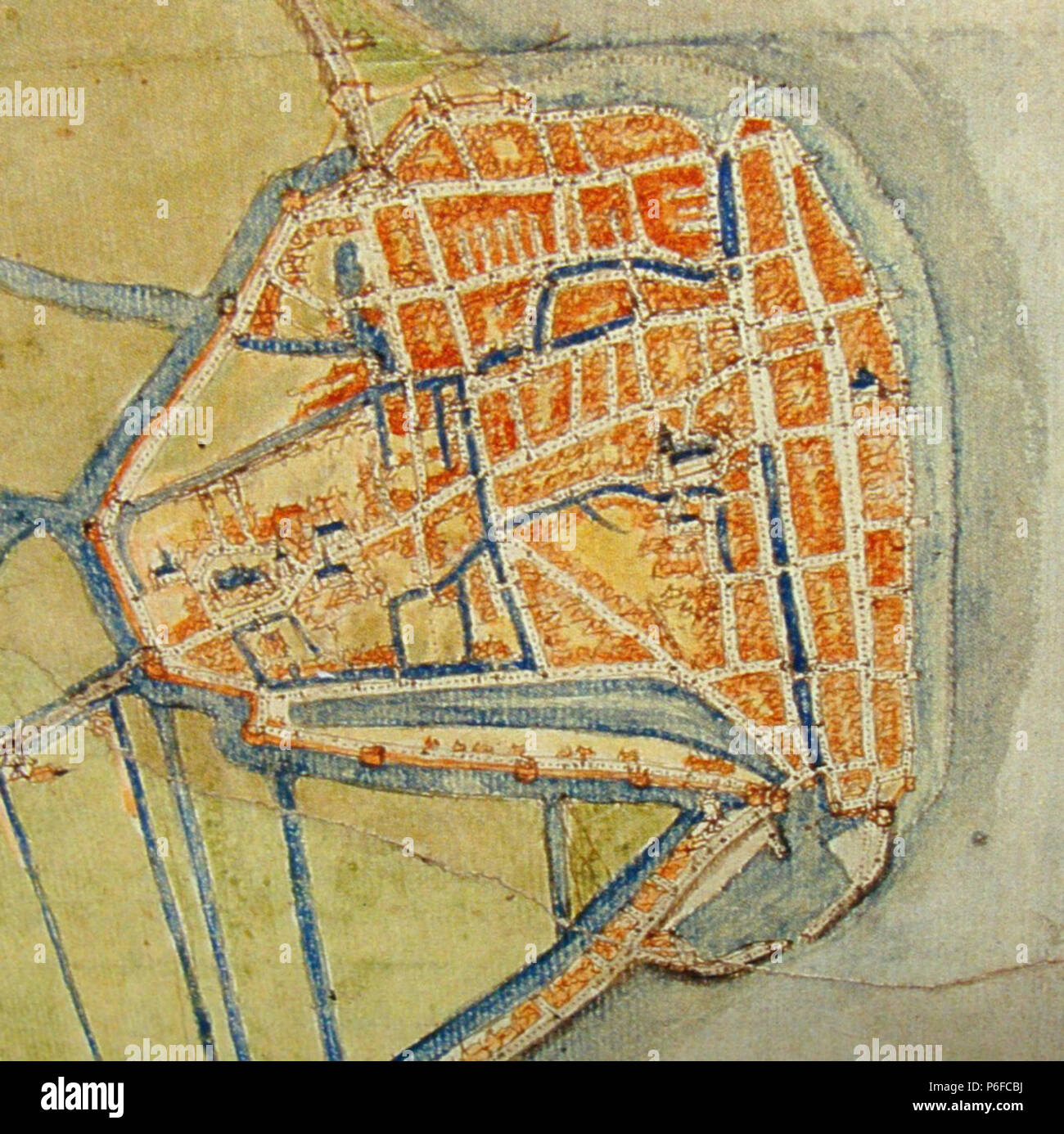 English: Detail of an old map of the Dutch town of Enkhuizen from 1558 ...