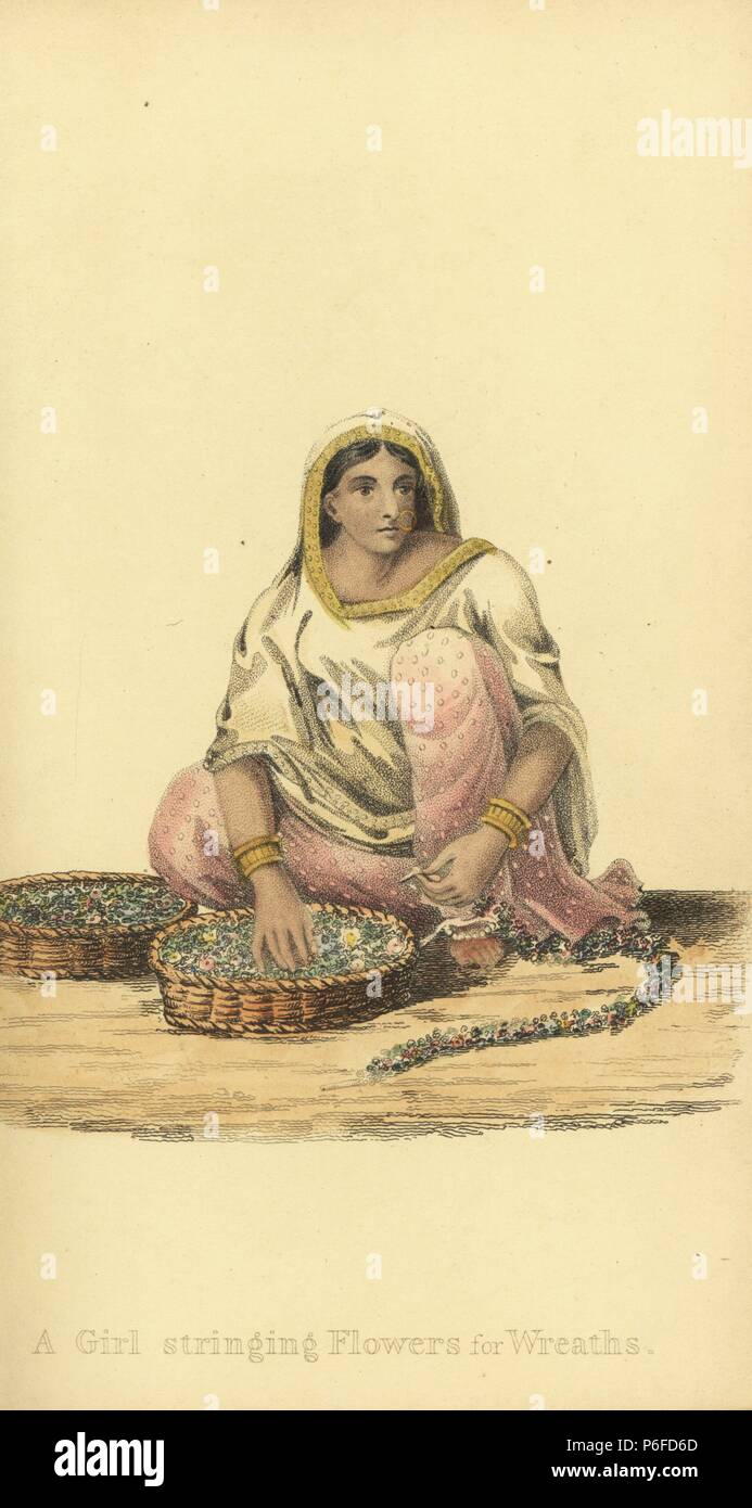 Indian girl stringing flowers for wreaths. Handcoloured copperplate ...