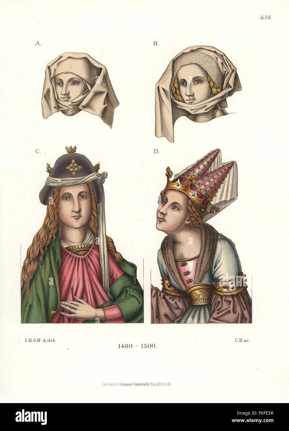 Women's headdresses from the late 15th century, 1460-1500. A/B from ...