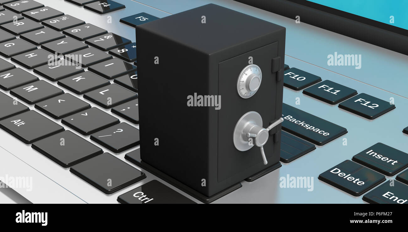 Online security concept. Laptop combination lock safe, keyboard ...