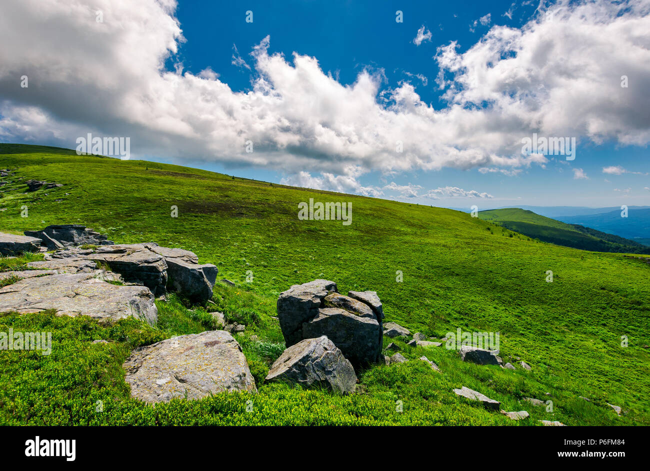 rocks on the edge of grassy meadow on hillside. lovely landscapes of ...