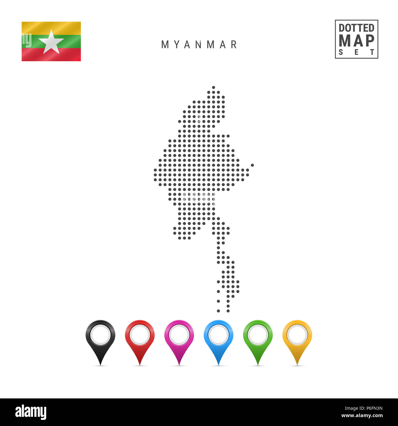 Dotted Map of Myanmar. Simple Silhouette of Myanmar. The National Flag ...