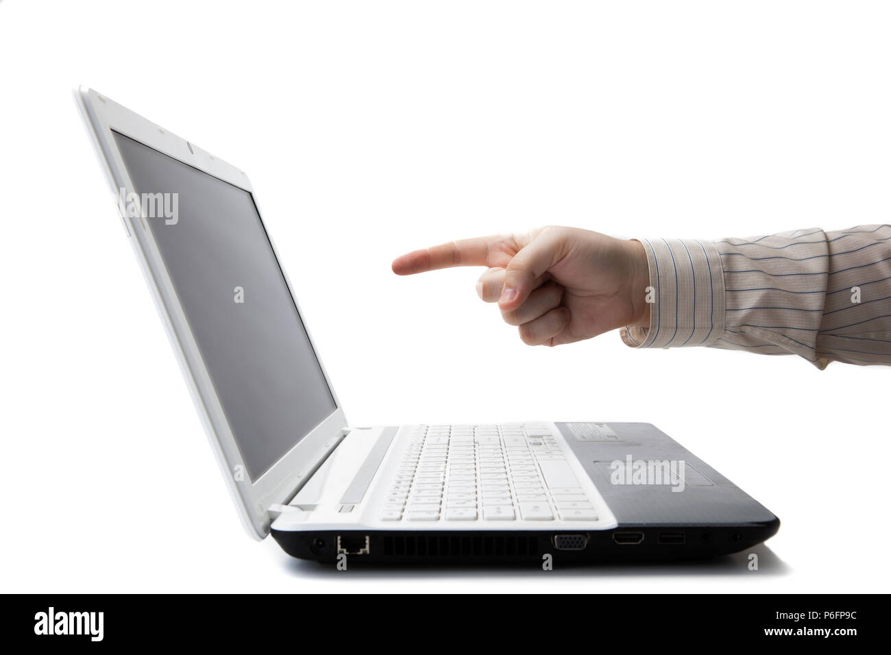 man's hand holding a finger on a laptop on a white Stock Photo - Alamy