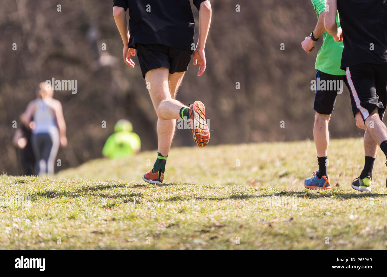 Marathon running race, people feet on grass road Stock Photo - Alamy