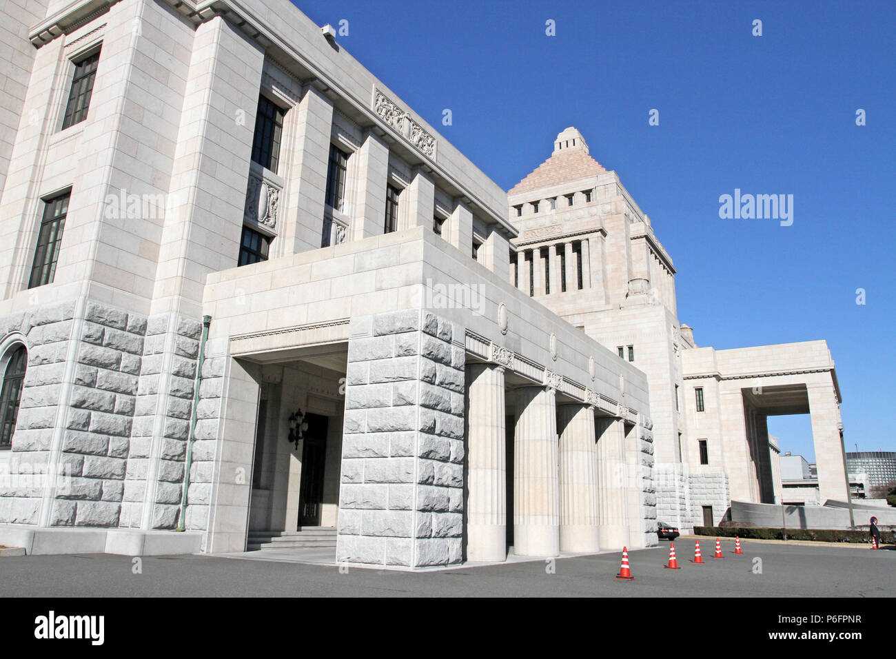 The unique, classic granite central tower of the National Diet Building ...
