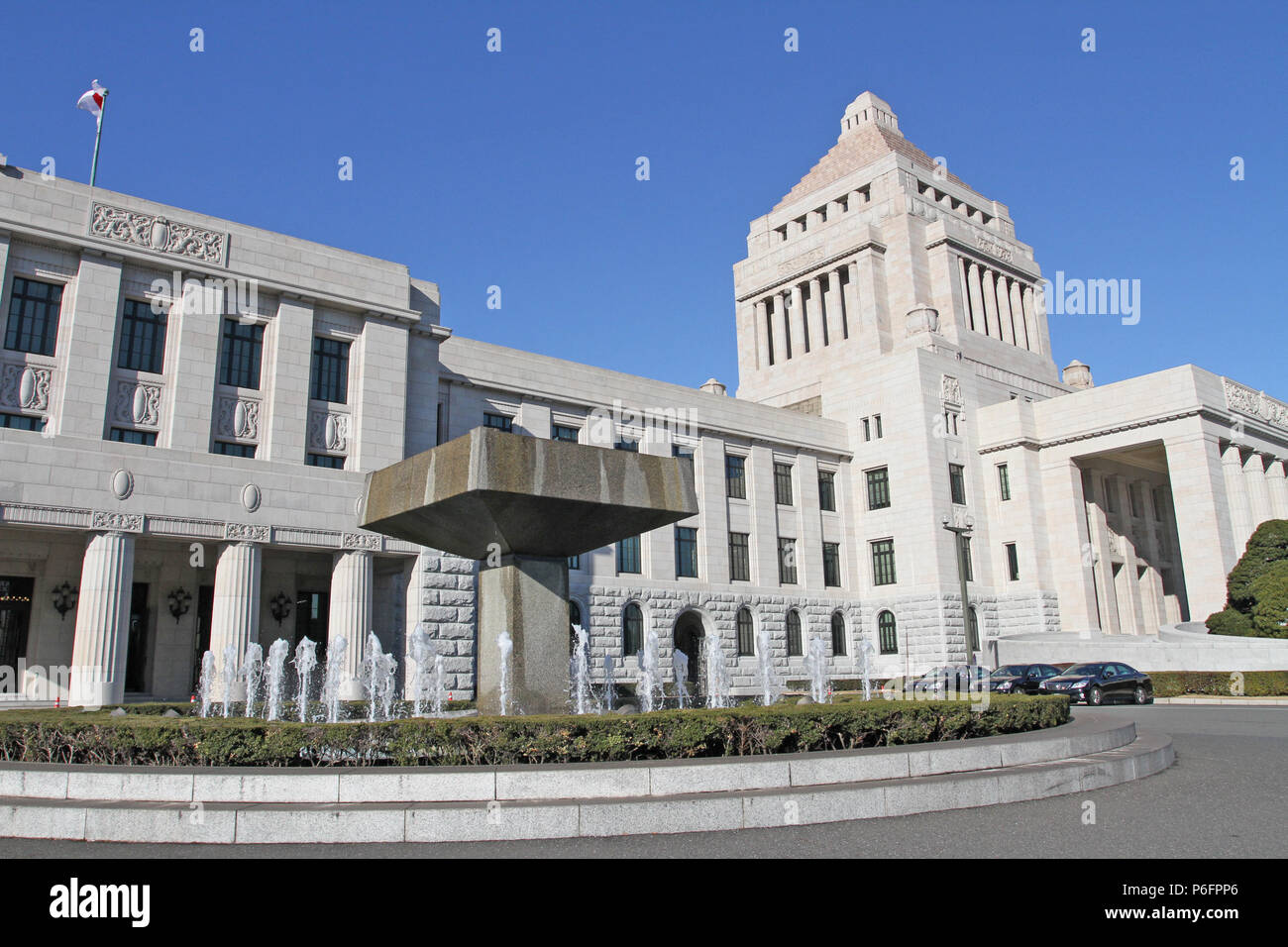 The unique, classic granite central tower of the National Diet Building ...