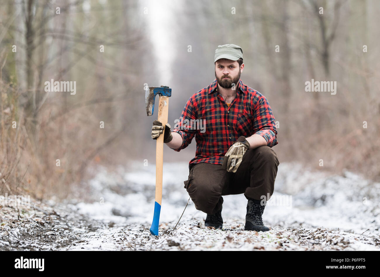 Lumberjack worker standing in the forests with axe Stock Photo - Alamy