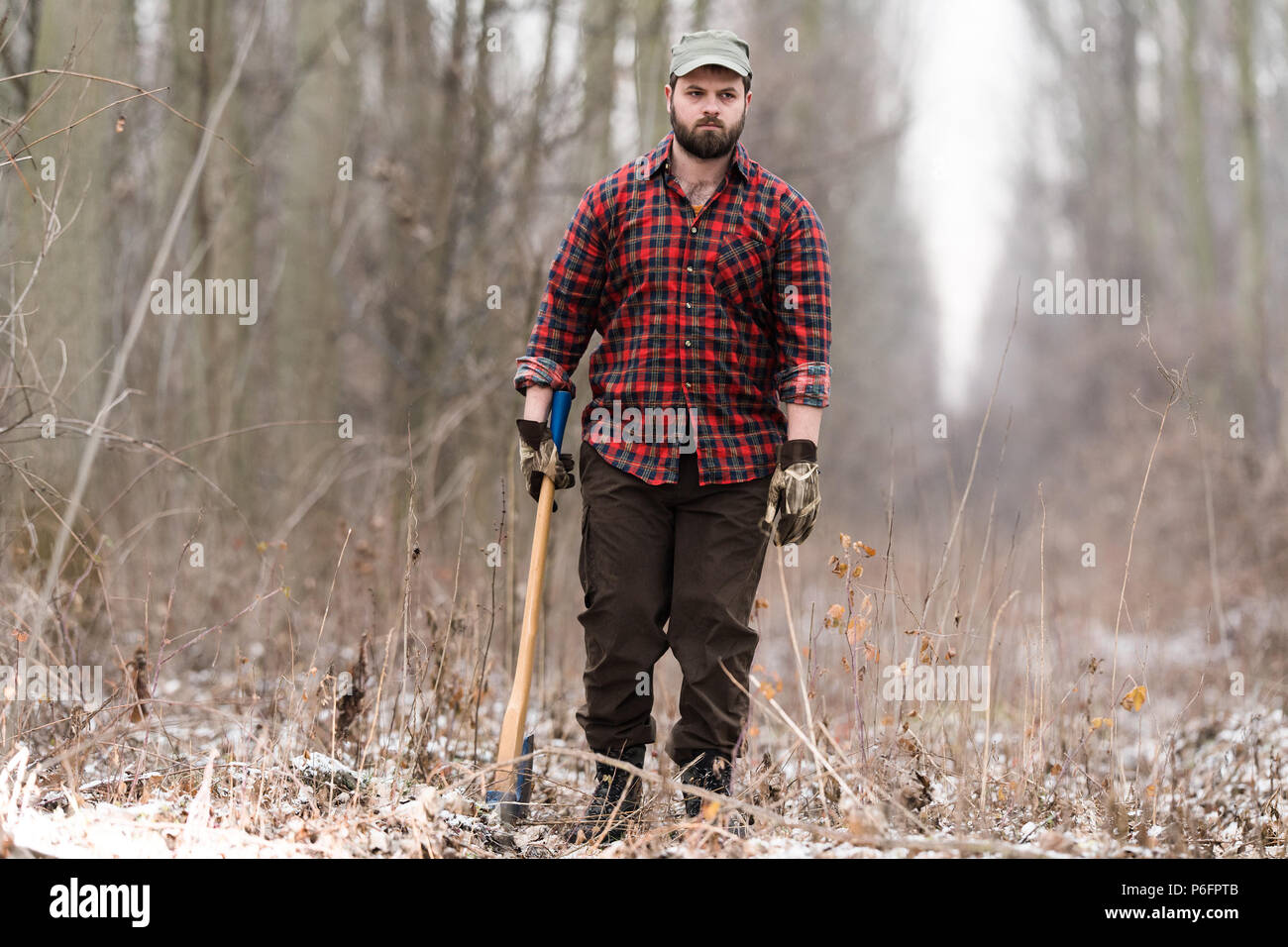 Lumberjack worker standing in the forests with axe Stock Photo - Alamy