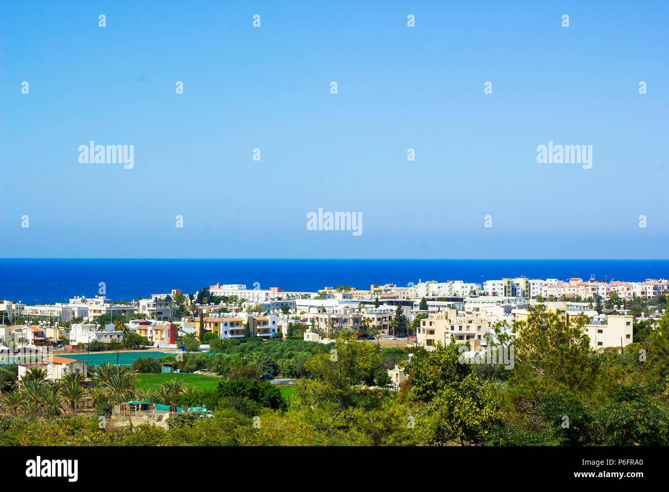 Landscape of town Paphos and sea against blue sky, Cyprus Stock Photo ...