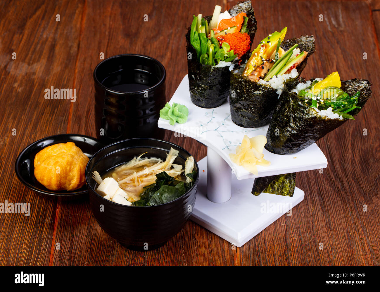 Japanese Temaki set with miso soup and seafood Stock Photo - Alamy