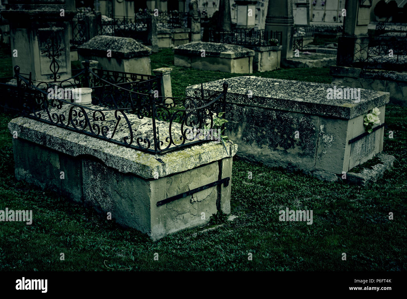 Ancient tombs in a cemetery, detail from a grave in an old abandoned ...